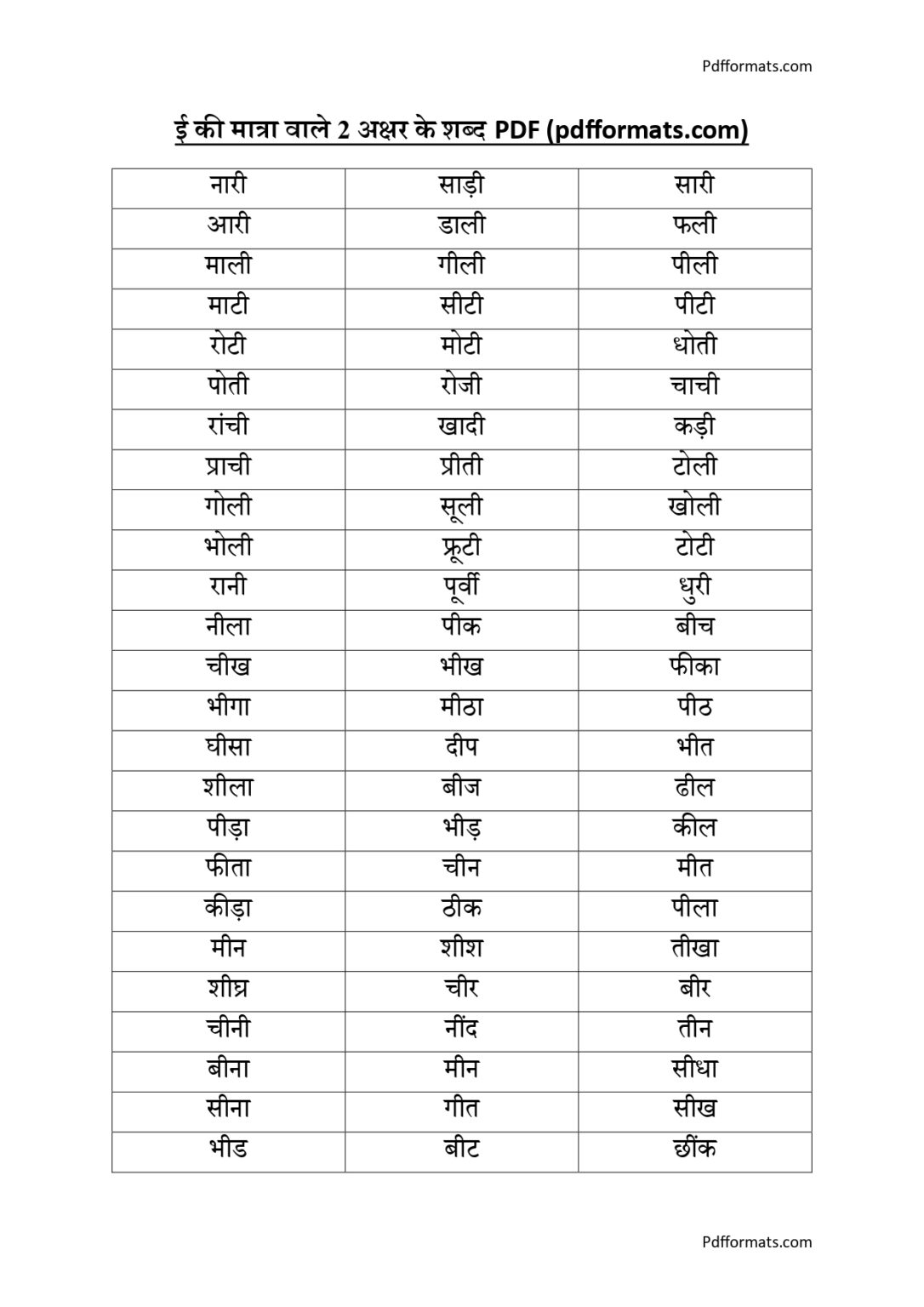 Badi ee ki Matra Wale Shabd PDF| बड़ी ई की मात्रा वाले शब्द PDF और ...